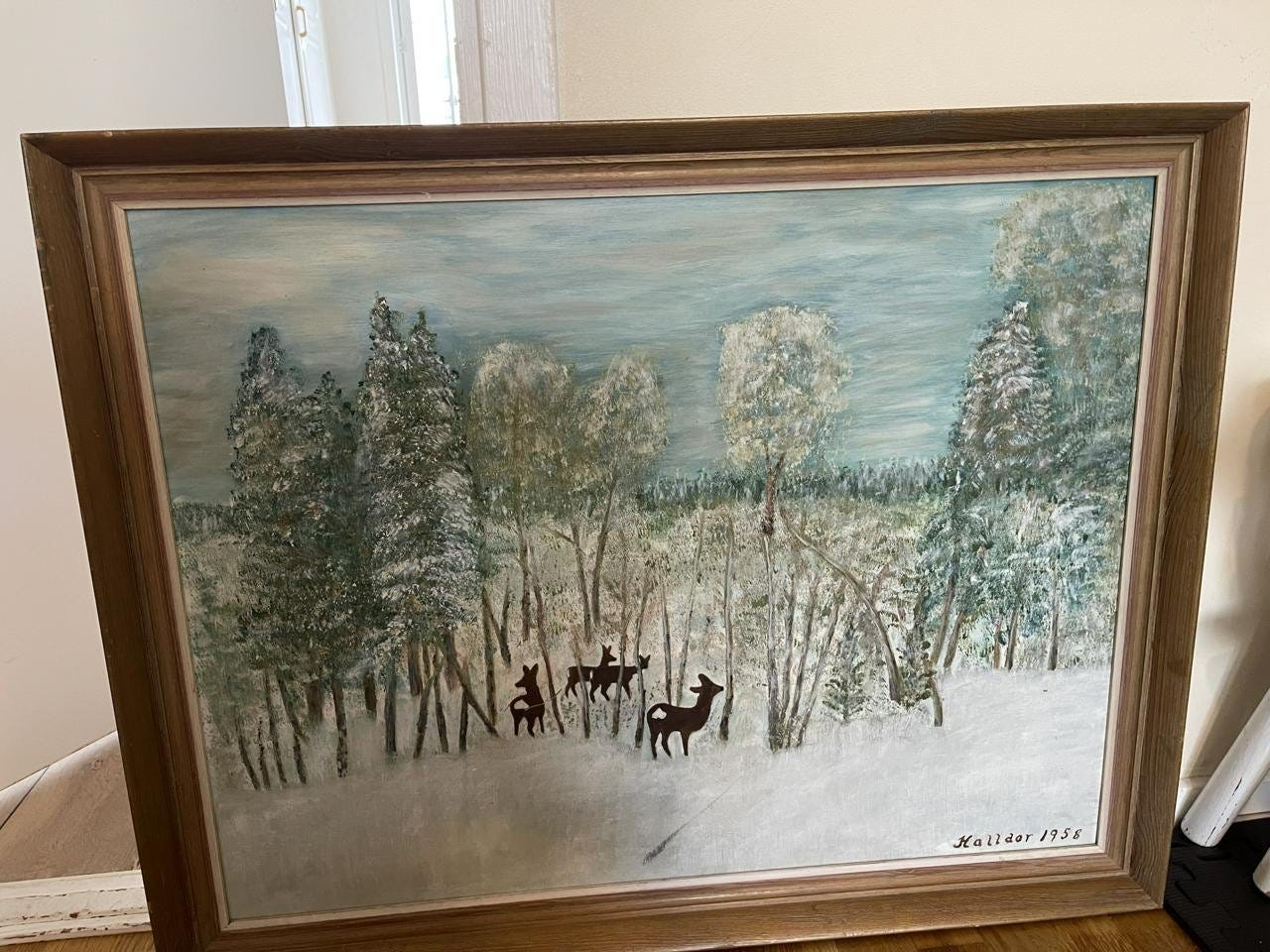 Tavla Vinterlandskap med hjortar – signerad Halldor 1958 . | Blocket