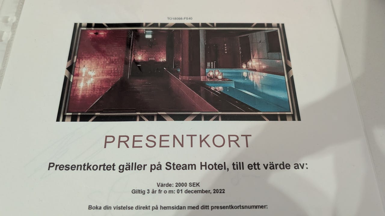 Presentkort 2000 kr Steam Hotel Västerås | Blocket