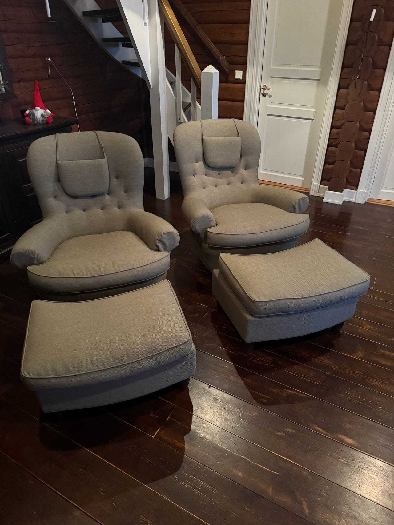 Jättepaddan – 2 fåtöljer + 2 fotpallar (Carl Malmsten) | Blocket