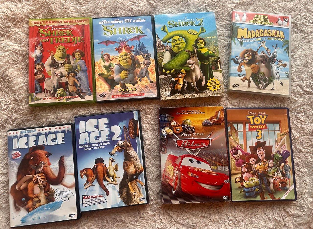 8 st DVD-filmer - Shrek, Bilar, Alice Age m.m | Blocket